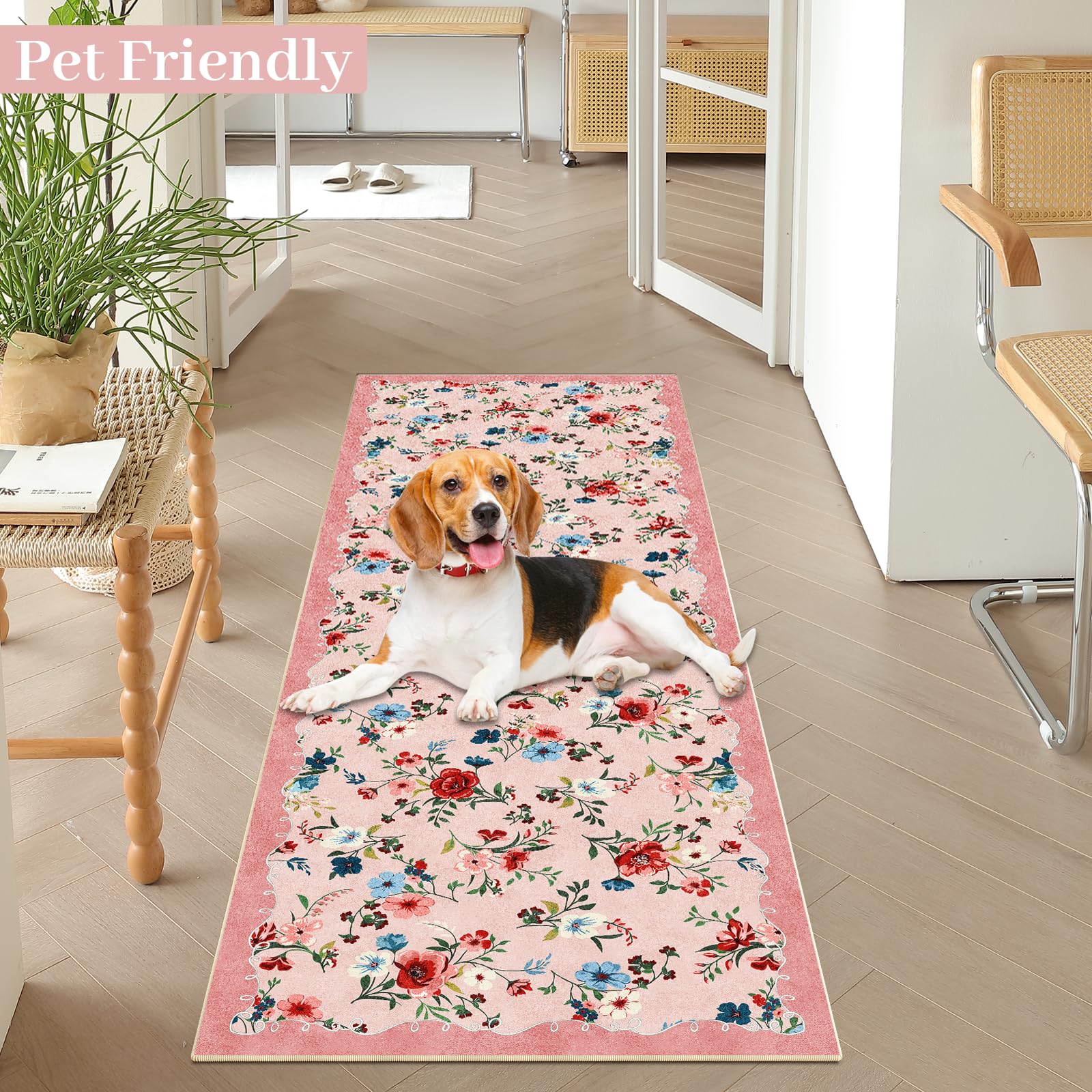 Rug Runners for Hallways, Kitchen Runner Rug Non-Slip, 2x6 Washable Runner Rug, Throw Rugs with Rubber Backing, Soft Floral Rug Low Pile Carpet Runner for Laundry Room and Entryway-Pink