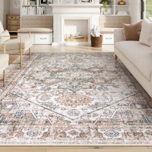 sungea vintage 8x10 area rugs,soft non slip living room rug large washable rugs retro rugs for bedroom,stain resistant floor carpet floral pattern low pile rug for dining room(taupe)