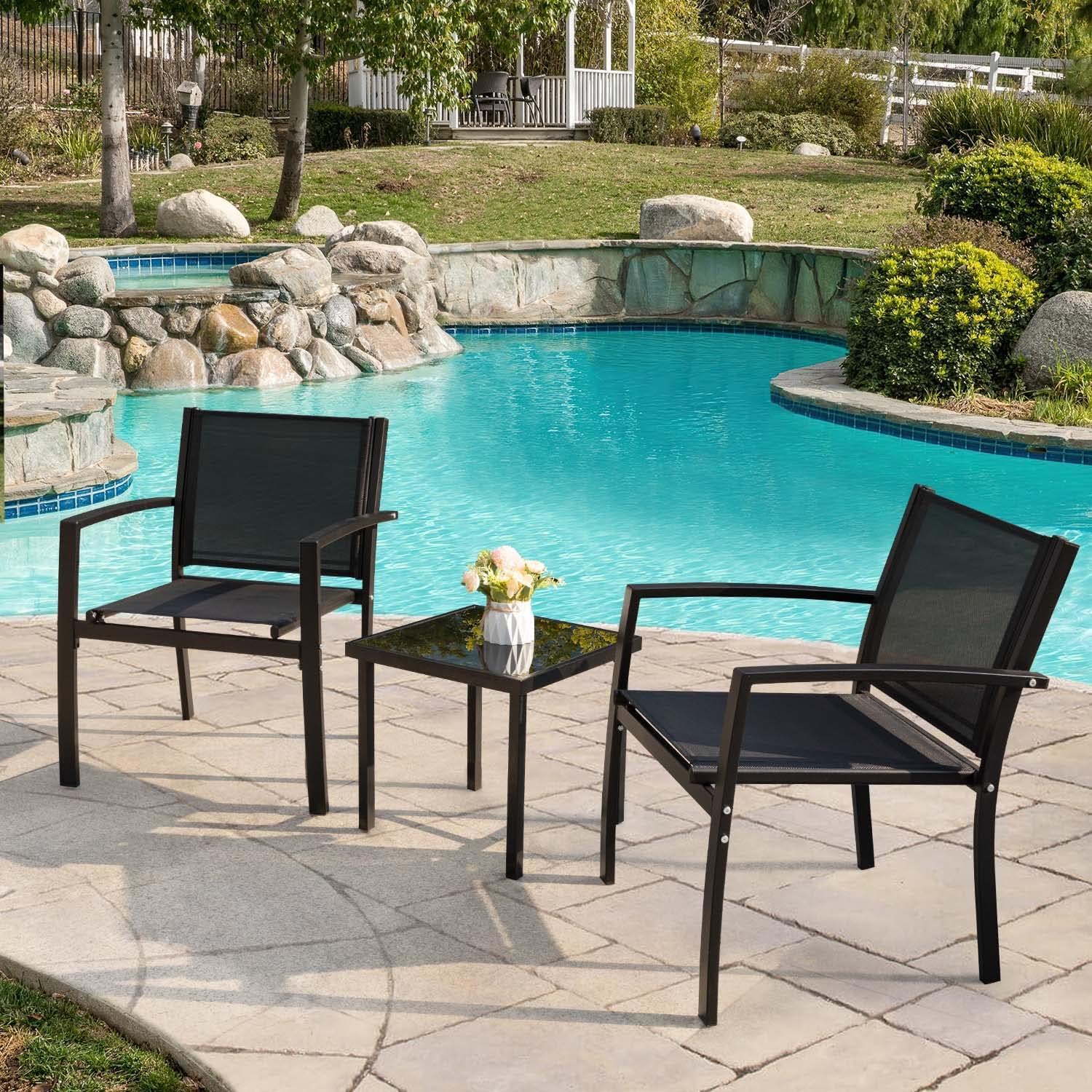 JUMMICO 3 Pieces Patio Furniture Set Outdoor Textilene Patio Chairs with Coffee Table Modern Patio Conversation Bistro Set for Lawn, Garden, Balcony, Poolside and Porch (Black)