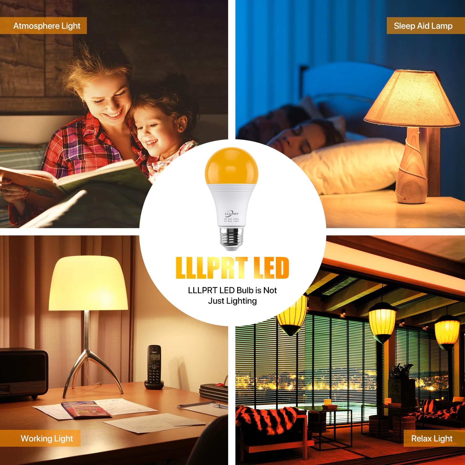 3W LED Amber Light Bulbs, 1600K Warm White 180LM Night Light, Blue Light Blocking, Energy Saving, 30W Replacement, Sleep Aid E26 Base Light Bulb for Bedroom, Baby Nursery Room, Non-Dimmable