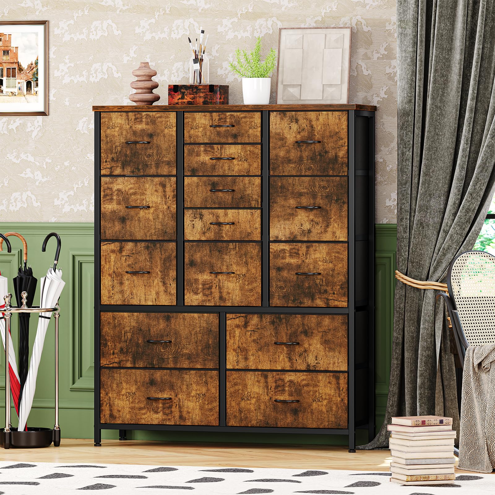 Patikuin Dresser for Bedroom with 15 Drawers, Tall Dresser & Chests of Drawers, Fabric Storage Dresser for Closet, Hallway, Living Room, Rustic Brown