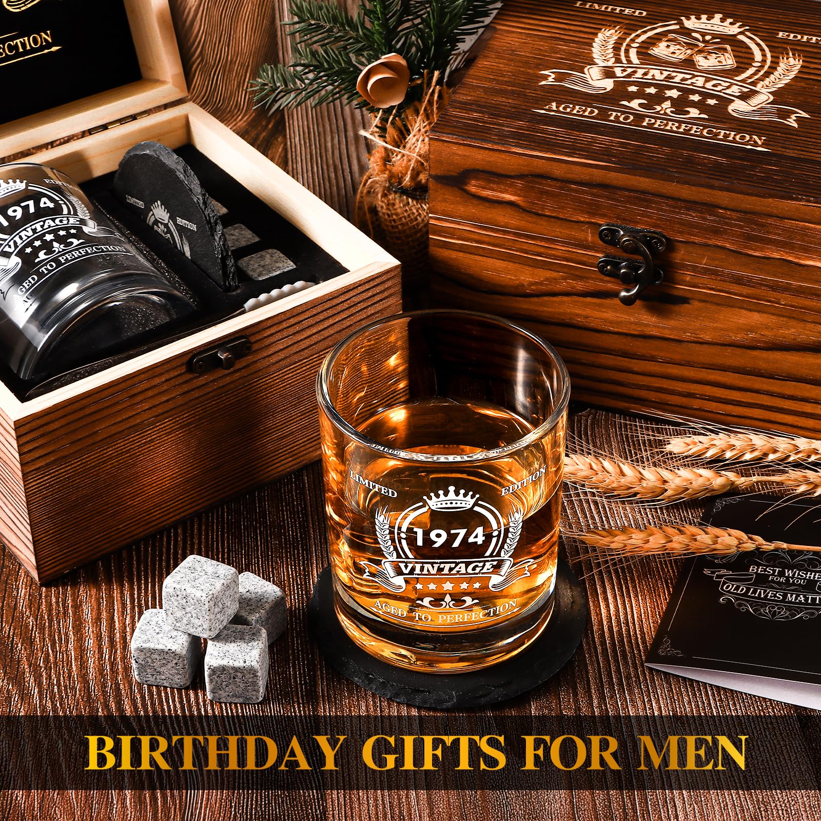 veecom 50th Birthday Gifts for Him, 1974 Whiskey Glasses 12oz, 50th Birthday Gifts for Men, Dad, Husband, 50th Birthday Gift Ideas, 50th Birthday Decorations Men, Bourbon Gifts for Men, Wood Box