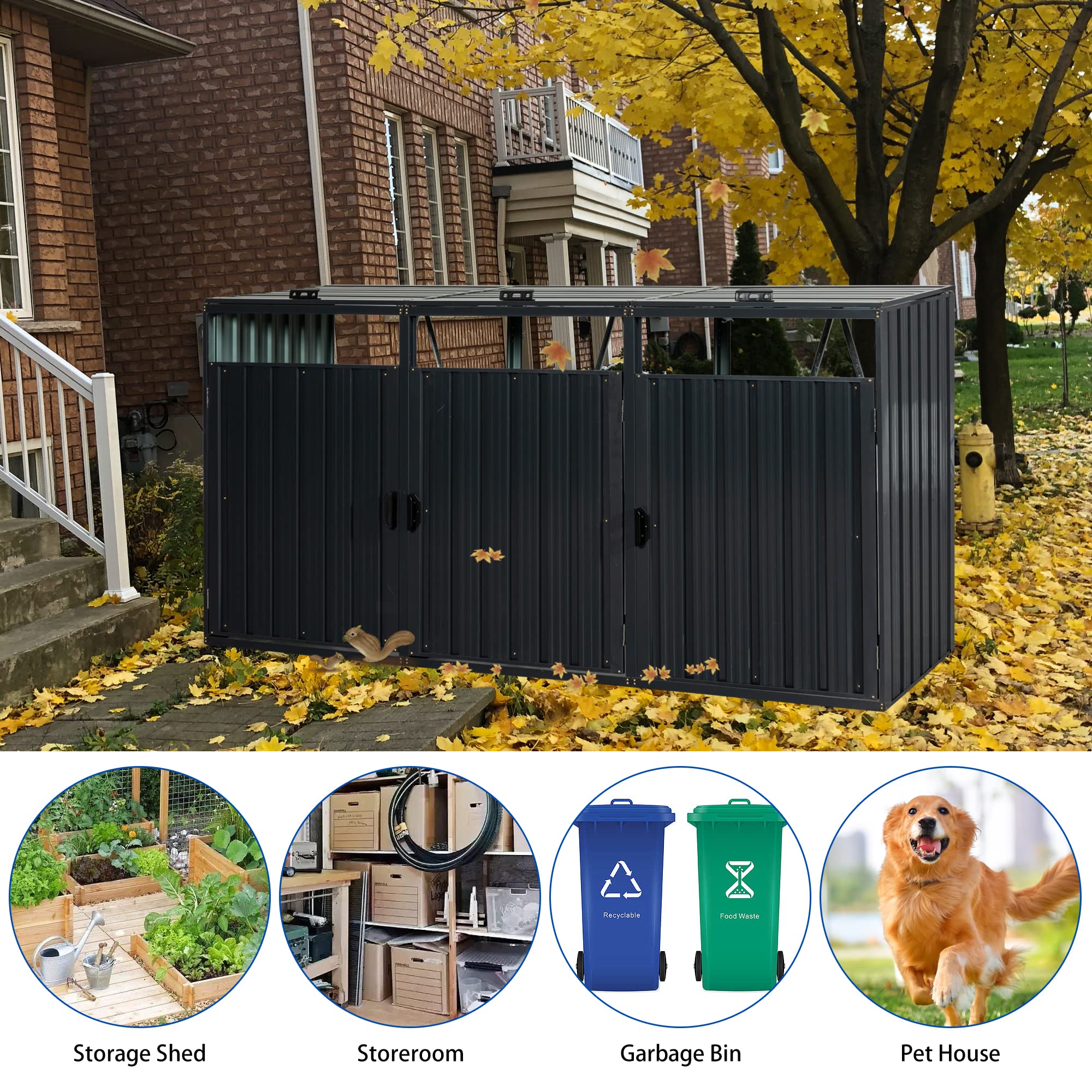 Jintop 94.48" Metal Garbage Bin Shed Stores with Ventilated and Lockable,Patio Furniture 3 Trash Cans Outdoor Sheds w/Rust-Proof & Scratch- Resistant,for Garden Yard Lawn,Black