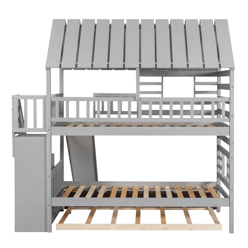 BOVZA Stairway House Bunk Bed Twin Over Twin with Trundle and Slide, Wooden Bunk Bed Frame with Storage Stairs, Roof and Window Design, for Kids Girls Boys, Gray