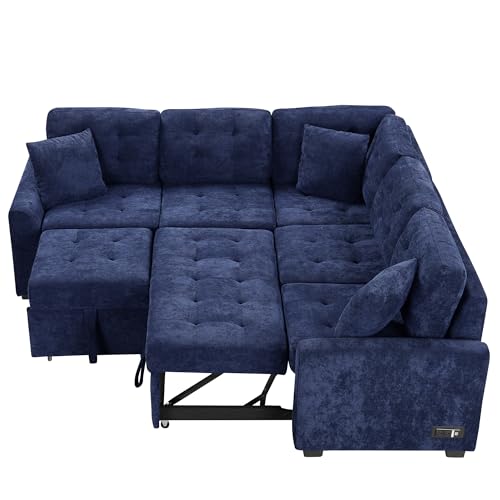 FANYE Multifunctional Symmetrical Convertible Sleeper Sectional Sofa with Pull-Out Couch Bed and Chaise,L-Shaped Corner Sofa&Couch Cum Sofabed W/USB Ports, Dual Power Sockets for Living Room