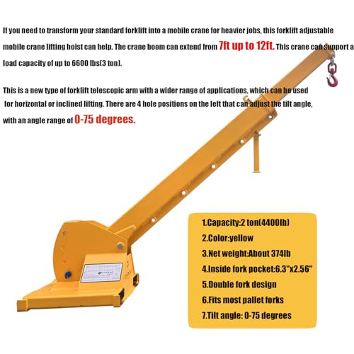 BREVELTION 4400lb/2ton Loading Capacity Forklift Mobile Crane Telescopic Arm with 0-75 Degrees Adjustable Tilt Angle 7ft-12ft Extension Attachments Boom Truss Hoist Jib Towing Handling Equipment