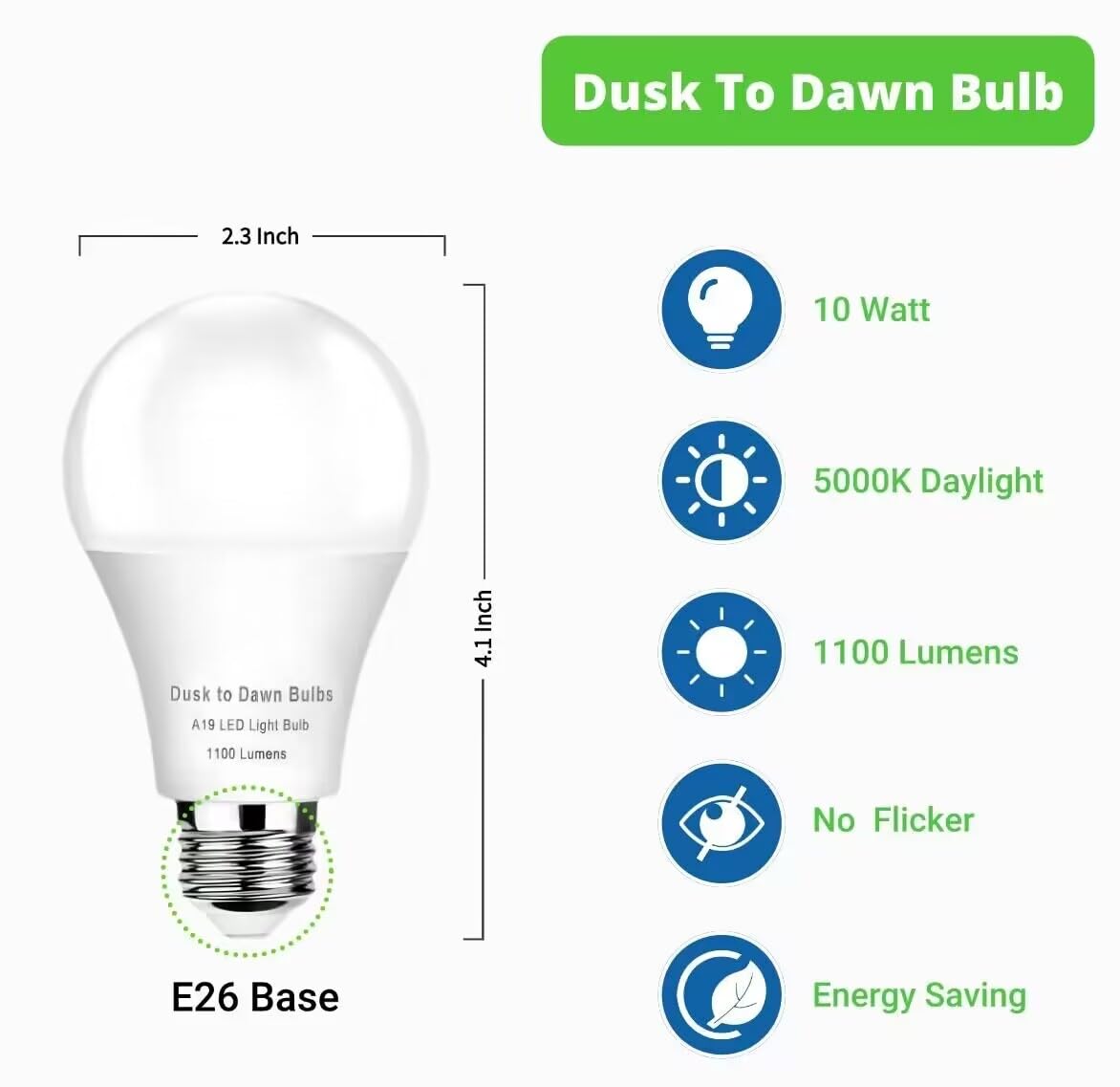 4-Pack Dusk to Dawn Light Bulbs Outdoor 75 Watt Equivalent, Automatic On/Off Sensor LED Light Bulb, 10W Daylight 5000K, 1100 Lumen, A19 E26 Bulbs Photocell for Wall lamp Porch Garage Yard Light