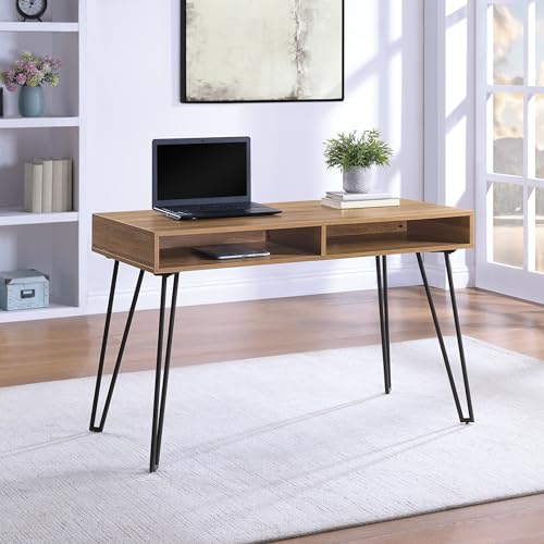 OSP Home Furnishings Contemporary 48-inch Home Office Writing Desk, Black Metal Legs with Brown Woodgrain Finish