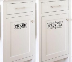 berryzilla trash recycle vinyl decal set 5.5" x 2.5" for kitchen cabinet door stainless steel trash cans elegant script handwriting lettering art decor sticker