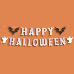 xo, Fetti Happy Halloween Iridescent Foil Banner - 5 Ft. | Spooky Season Decoration, Haunted House Party Sign, Ghost Decor, Bat Backdrop