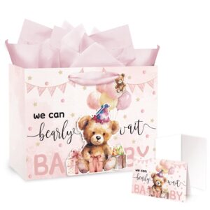 16" large baby girl gift bag, 3d making pink bear baby gift bag with handle, tissue paper and greeting card