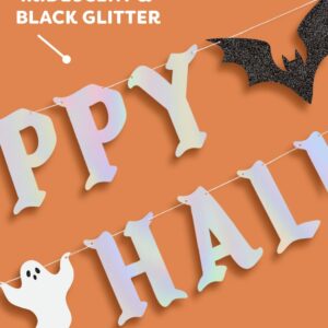 xo, Fetti Happy Halloween Iridescent Foil Banner - 5 Ft. | Spooky Season Decoration, Haunted House Party Sign, Ghost Decor, Bat Backdrop