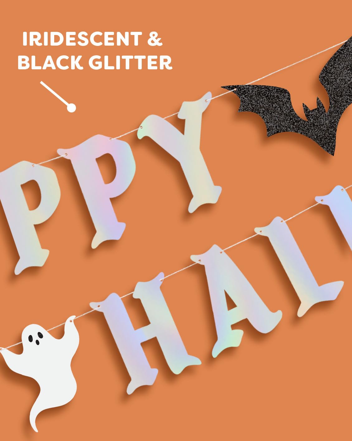 xo, Fetti Happy Halloween Iridescent Foil Banner - 5 Ft. | Spooky Season Decoration, Haunted House Party Sign, Ghost Decor, Bat Backdrop