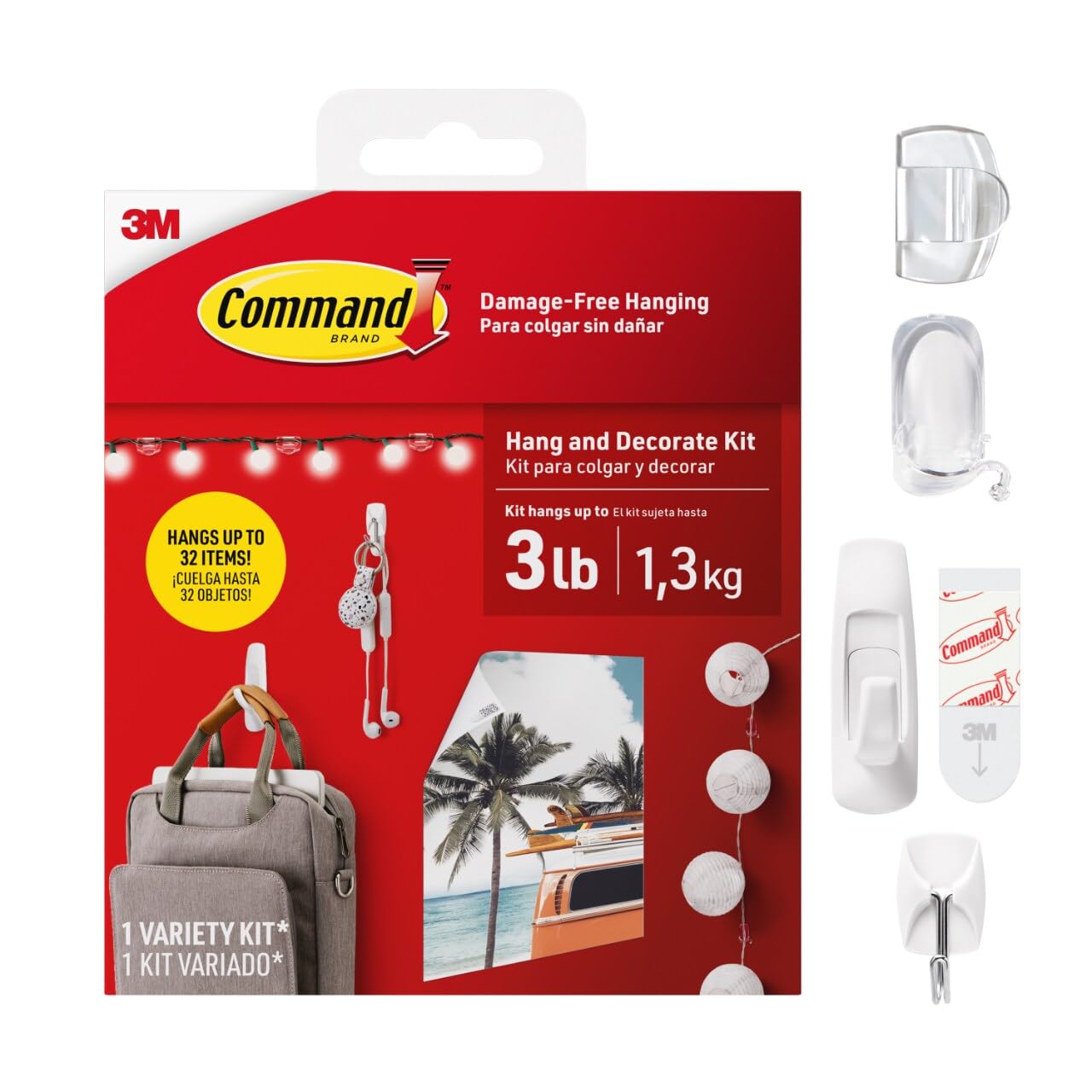 Command Hang and Decorate Kit, 6 Small Toggle Hooks, 2 Medium Utility Hooks, 4 Medium Cord Clips, 10 Light Clips, and 20 Poster Strips, Dorm Room Essentials