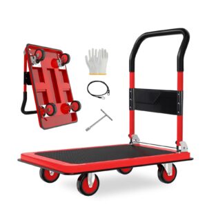 heavy duty steel platform truck cart，1200 lbs weight capacity and 360 degree swivel wheels, foldable push hand cart for loading and storage, reinforced base plate (red,large)