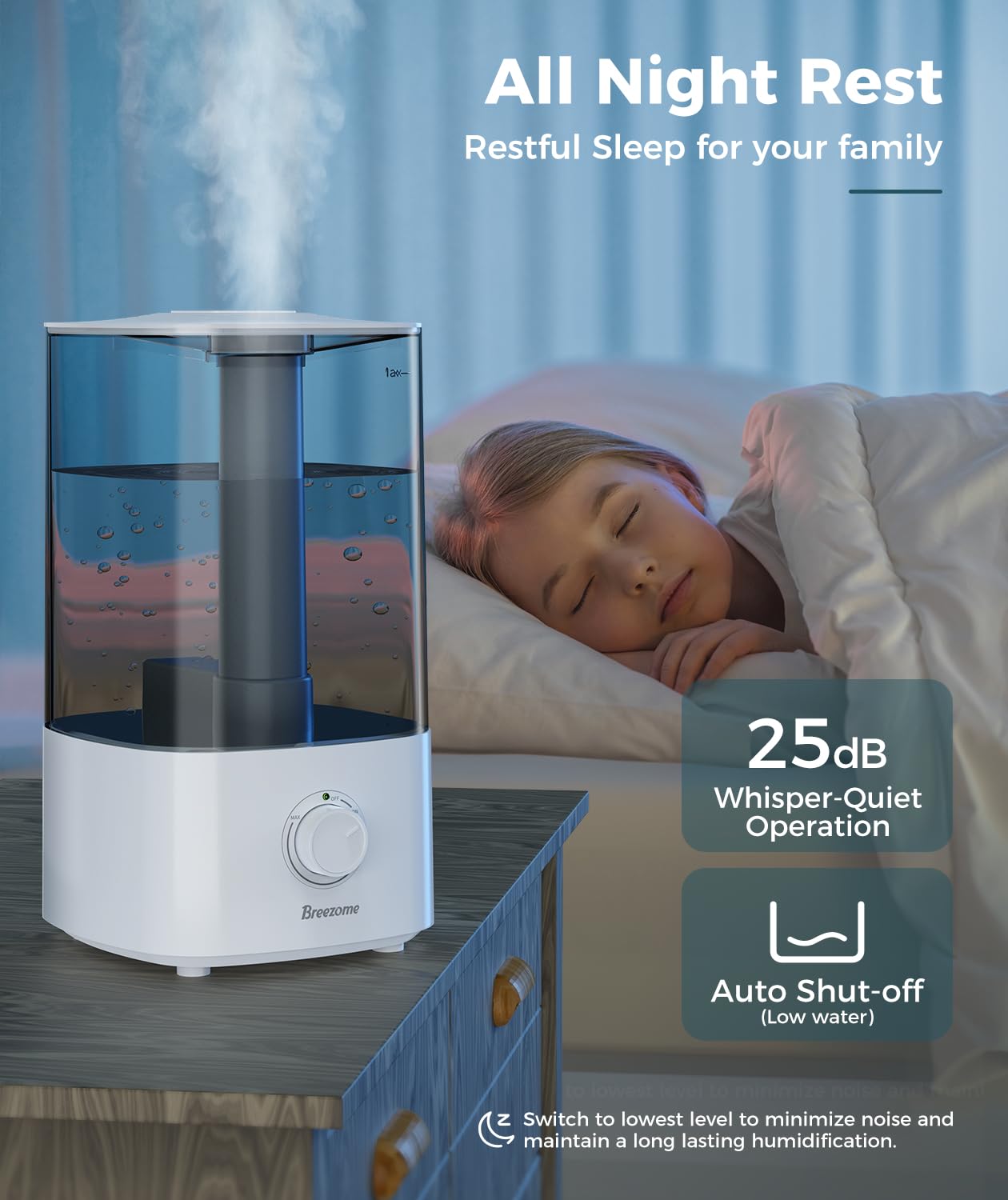 BREEZOME 4L Humidifiers for Bedroom, Essential Oil Diffuser, Top Fill Cool Mist Ultrasonic Humidifiers for Baby, Plants, Nursery, Humidifiers for Large Room Last up to 50 Hours, Quiet Operation