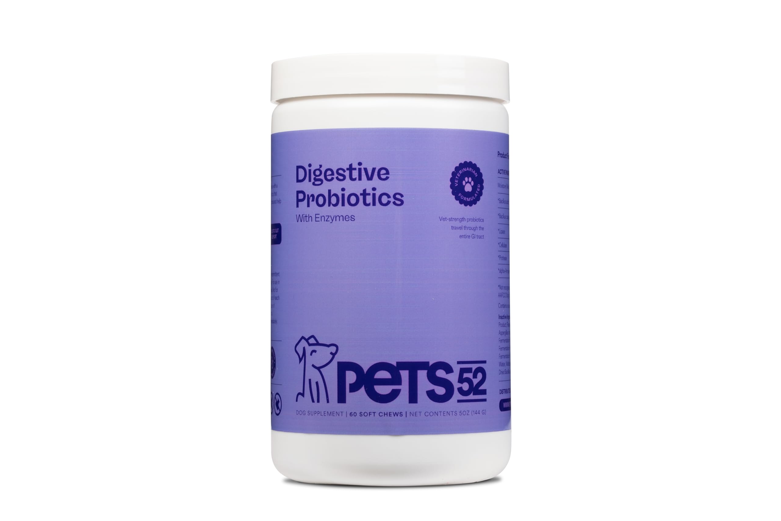 Pets 52 - Digestive Dog Probiotics with Enzymes - Supports Healthy Gut Flora, Boosts Immune System, Promotes Stomach Comfort, Vet-Strength Formula for Improved Digestion - 30-Day Results