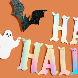 xo, Fetti Happy Halloween Iridescent Foil Banner - 5 Ft. | Spooky Season Decoration, Haunted House Party Sign, Ghost Decor, Bat Backdrop