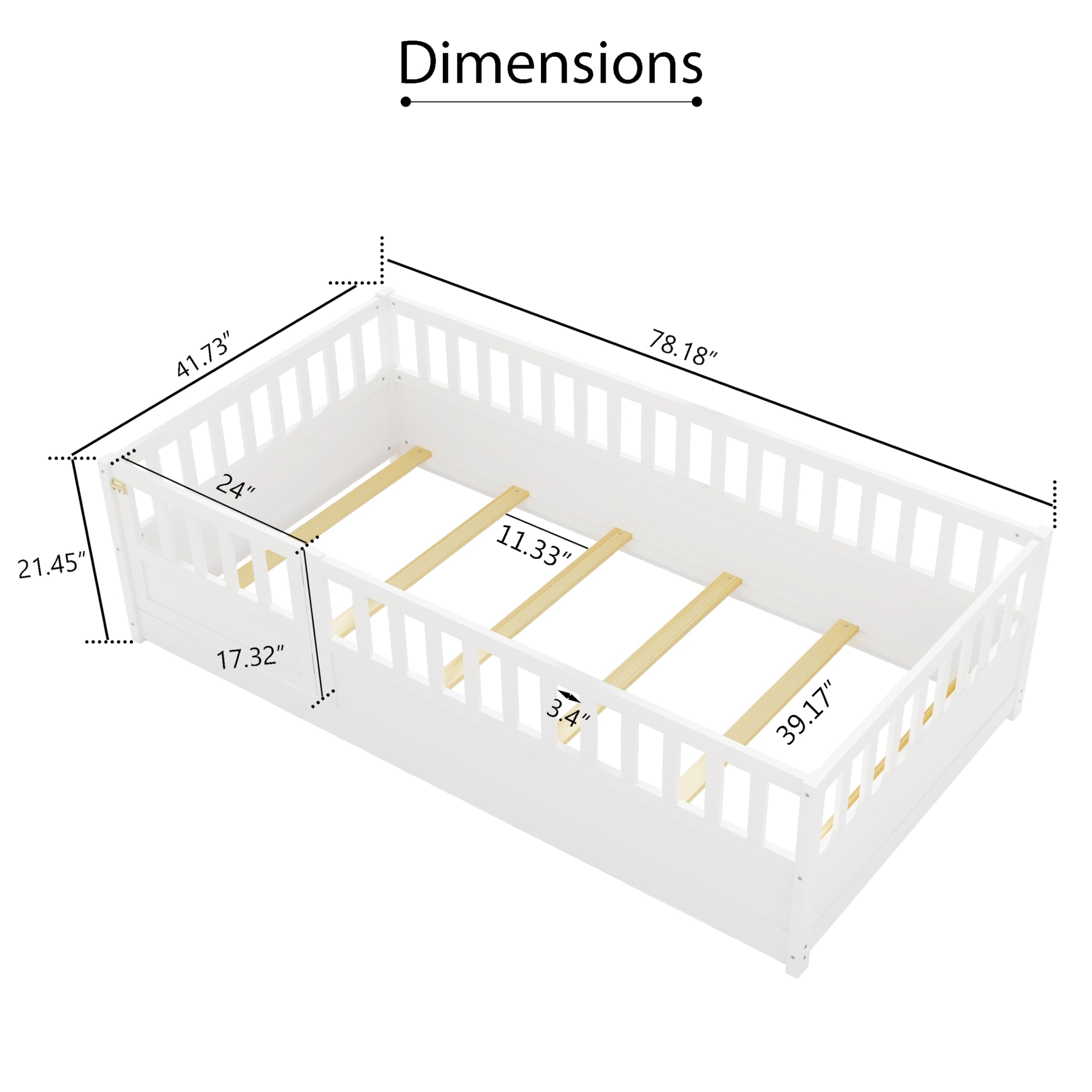 ECKF Twin Size Montessori Floor Bed with High Fence, Door and Slats, Wood Kids Bed Twin Size, Floor-Bed-Frame for Bedroom, Toddlers, Boys Girls, Kids Playroom (White, Twin)