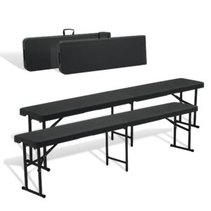 winlice 2 pack 6ft folding bench, portable bench with handle and non-slip pad, hdpe camping bench for indoor outdoor, picnic, garden, football activities, black wood grain