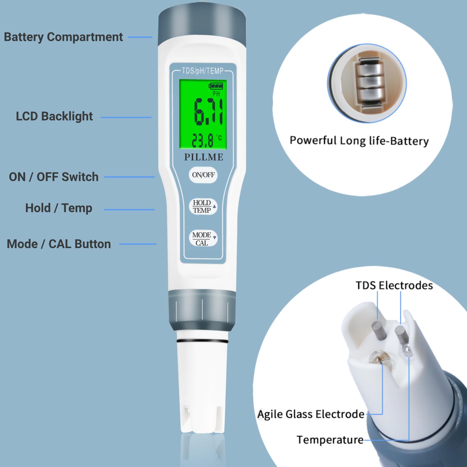 PILLME 2Pack Digital PH Meter PH Tester 0.01 PH High Accuracy Water Quality Tester with ATC: 3 in 1 PH TDS Temp Pocket Size for Household Drinking Water, Hydroponics, Lab, Aquarium