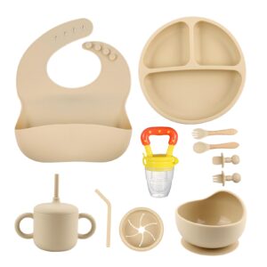 shgmeet silicone baby feeding set, baby feeding essentials, baby suction bowl, plates, bib, spoons set, baby led weaning supplies to develop self-feeding skills, dishwasher safe (beige)