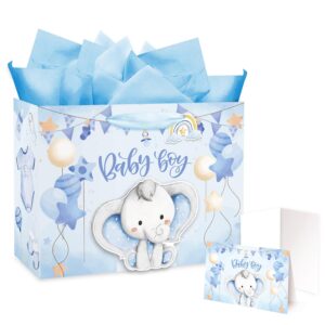 mpanwen 16" large baby boy gift bag for boy, 3d making blue elephant theme baby gift bag with tissue paper and greeting card