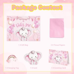 16" Large Baby Girl Gift Bag for Girl, 3D Making Pink Elephant Theme Baby Gift Bag with Tissue Paper and Greeting Card