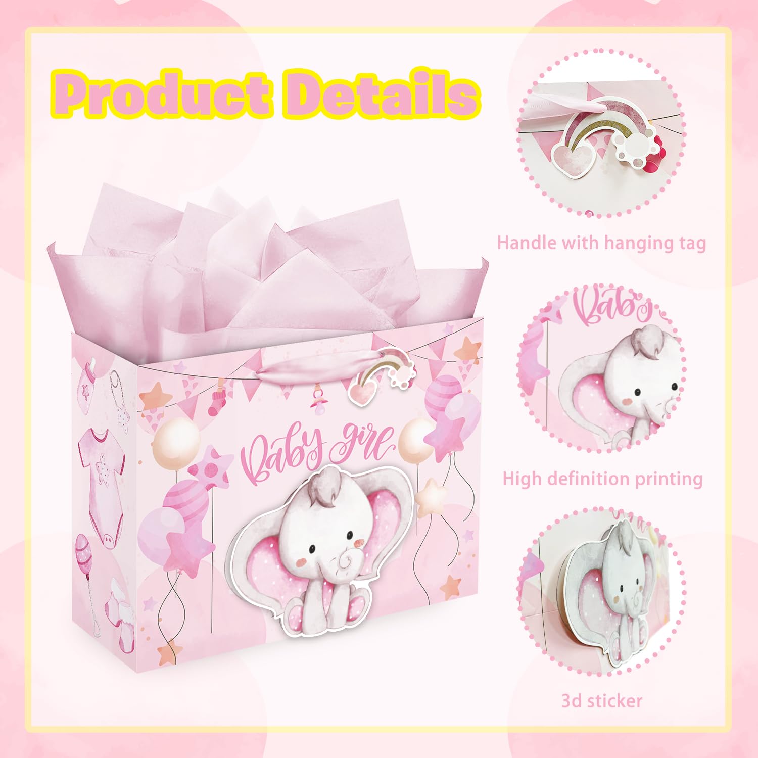 16" Large Baby Girl Gift Bag for Girl, 3D Making Pink Elephant Theme Baby Gift Bag with Tissue Paper and Greeting Card