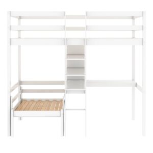 MERITLINE Twin Loft Bed with Desk and Bookshelf,Twin Bunk Bed Frame,Convertible Wooden Loft Bed Frame for Kids Teens Girls Boys, No Box Spring Needed,White