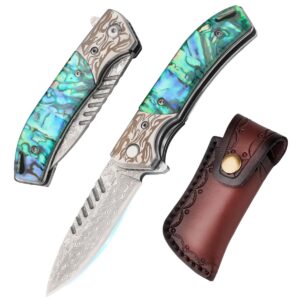 otrlenur damascus pocket knife with unique abalone shell handle,handmade forged damascus steel folding knife, edc knife with safety liner lock, for edc men outdoor collecting gift