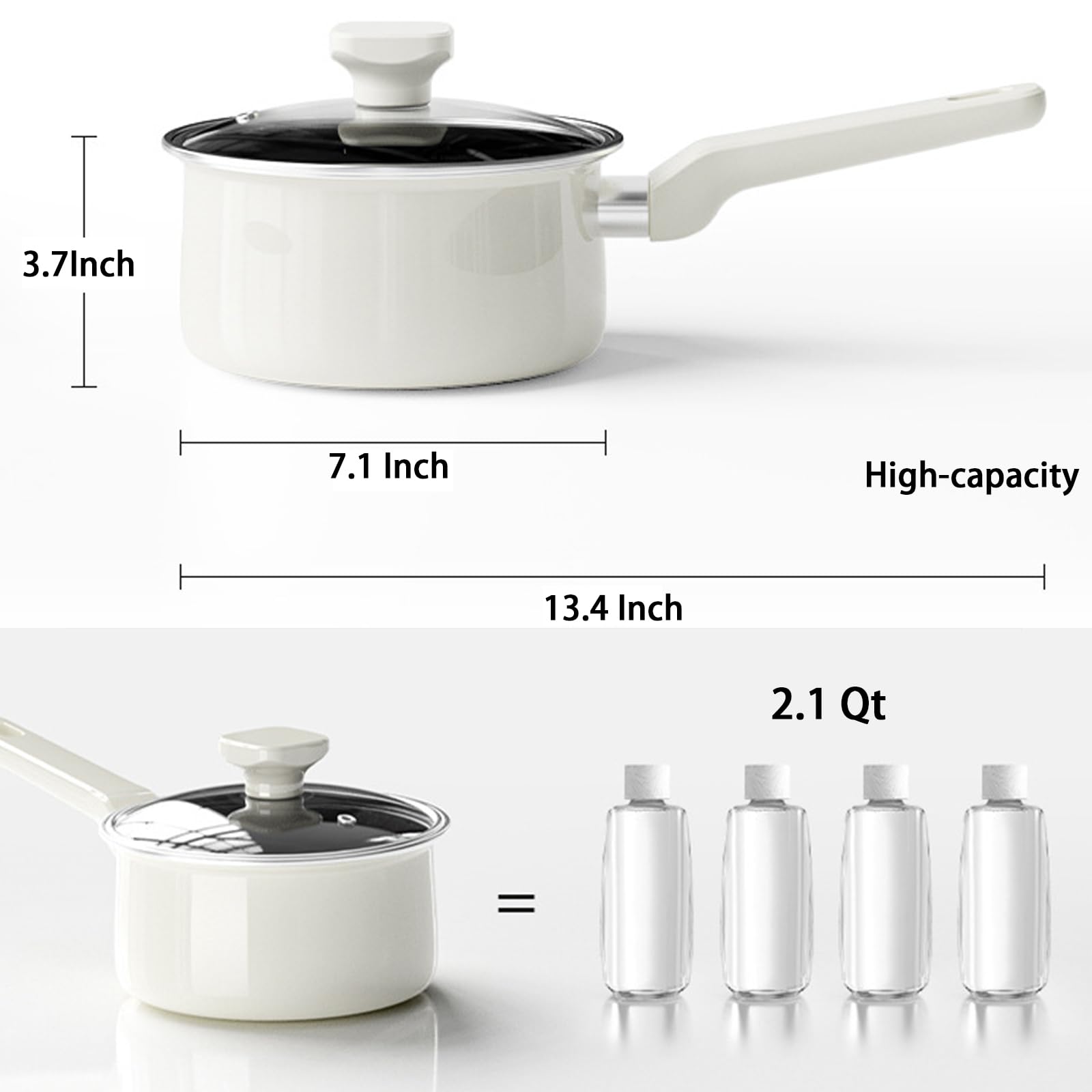 Enamel Cast Iron Sauce Pot with Lid, 2.1 Qt Milk Pan Saucepan with Effortless Handle, Healthy Soup Pot Cookware for Multiple Cooking Methods (White)