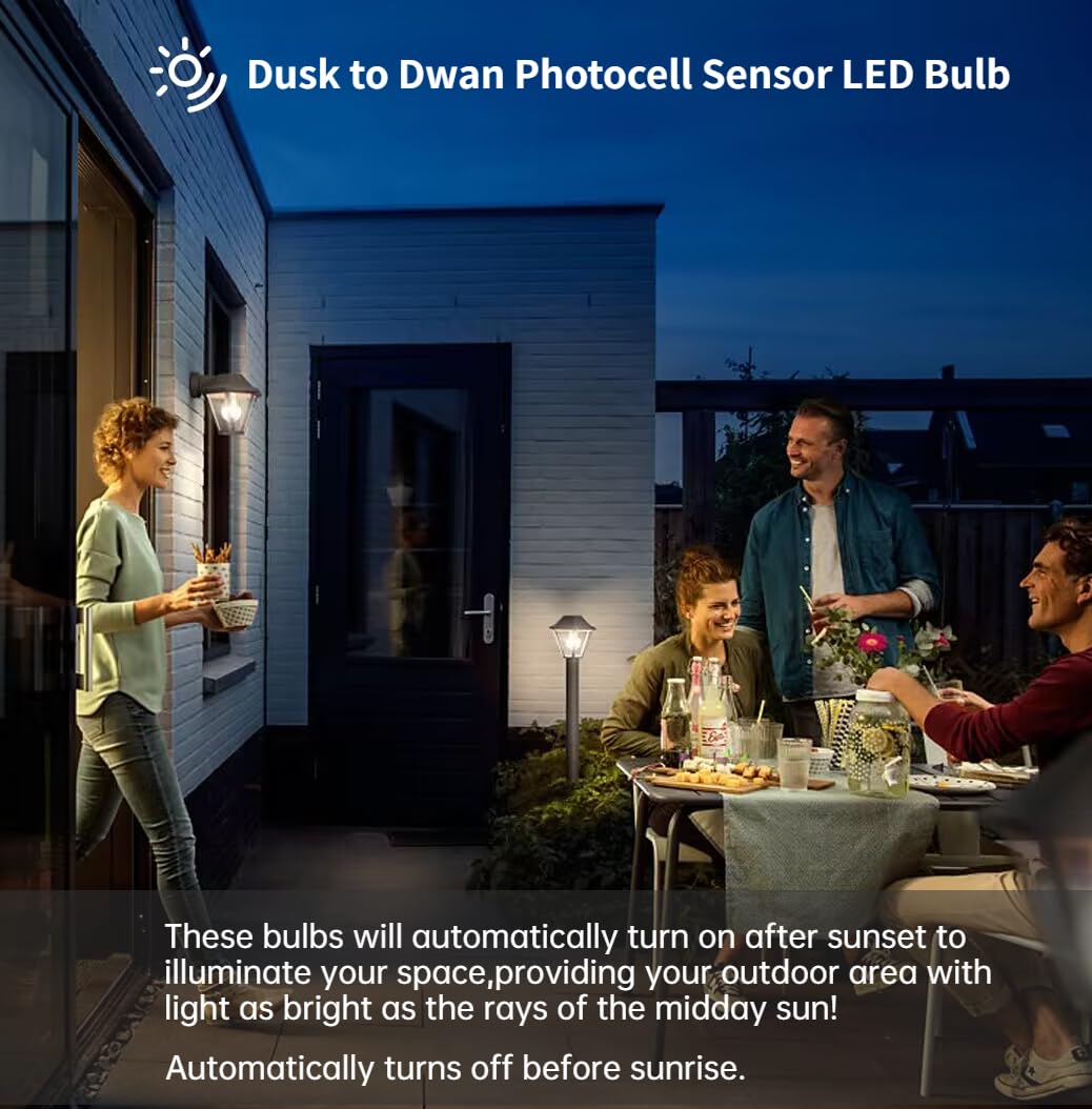 4-Pack Dusk to Dawn Light Bulbs Outdoor 75 Watt Equivalent, Automatic On/Off Sensor LED Light Bulb, 10W Daylight 5000K, 1100 Lumen, A19 E26 Bulbs Photocell for Wall lamp Porch Garage Yard Light