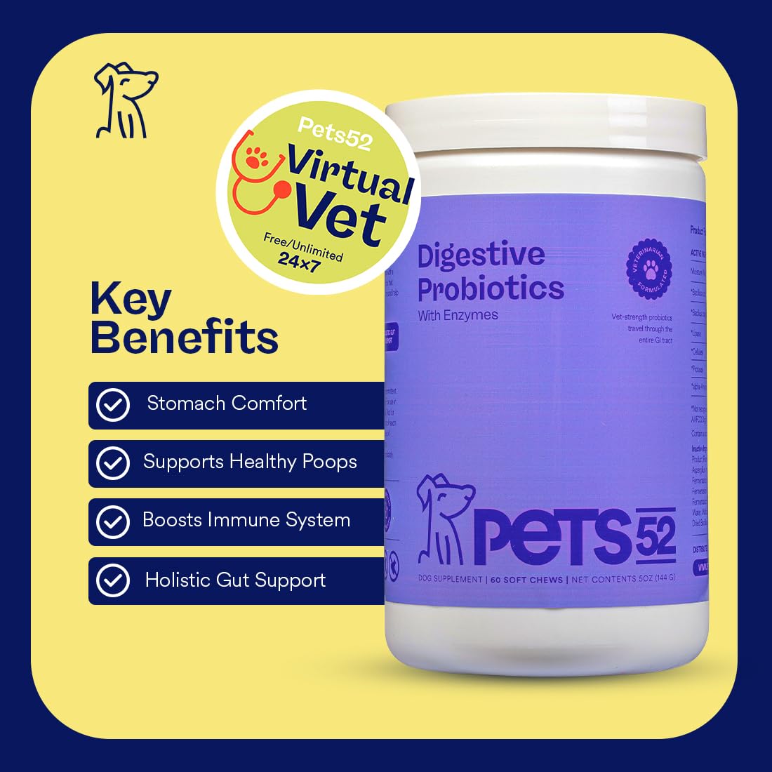 Pets 52 - Digestive Dog Probiotics with Enzymes - Supports Healthy Gut Flora, Boosts Immune System, Promotes Stomach Comfort, Vet-Strength Formula for Improved Digestion - 30-Day Results