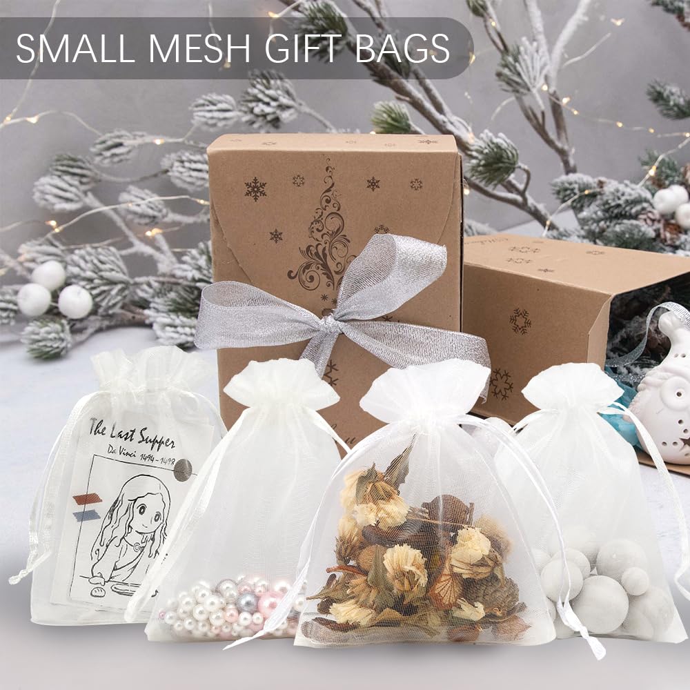 Organza Bags, 50 Pcs Small Mesh Bags Drawstring 3.54"x4.72"(9x12cm), White Jewelry Bags Drawstring Mesh Gift Bags for Party Wedding Christmas Jewelry Candy Bathroom Soaps Makeup Wrapping Supplie