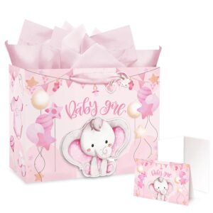 16" large baby girl gift bag for girl, 3d making pink elephant theme baby gift bag with tissue paper and greeting card