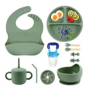 shgmeet silicone baby feeding set, baby feeding essentials, baby suction bowl, plates, bib, spoons set, baby led weaning supplies to develop self-feeding skills, dishwasher safe (green)