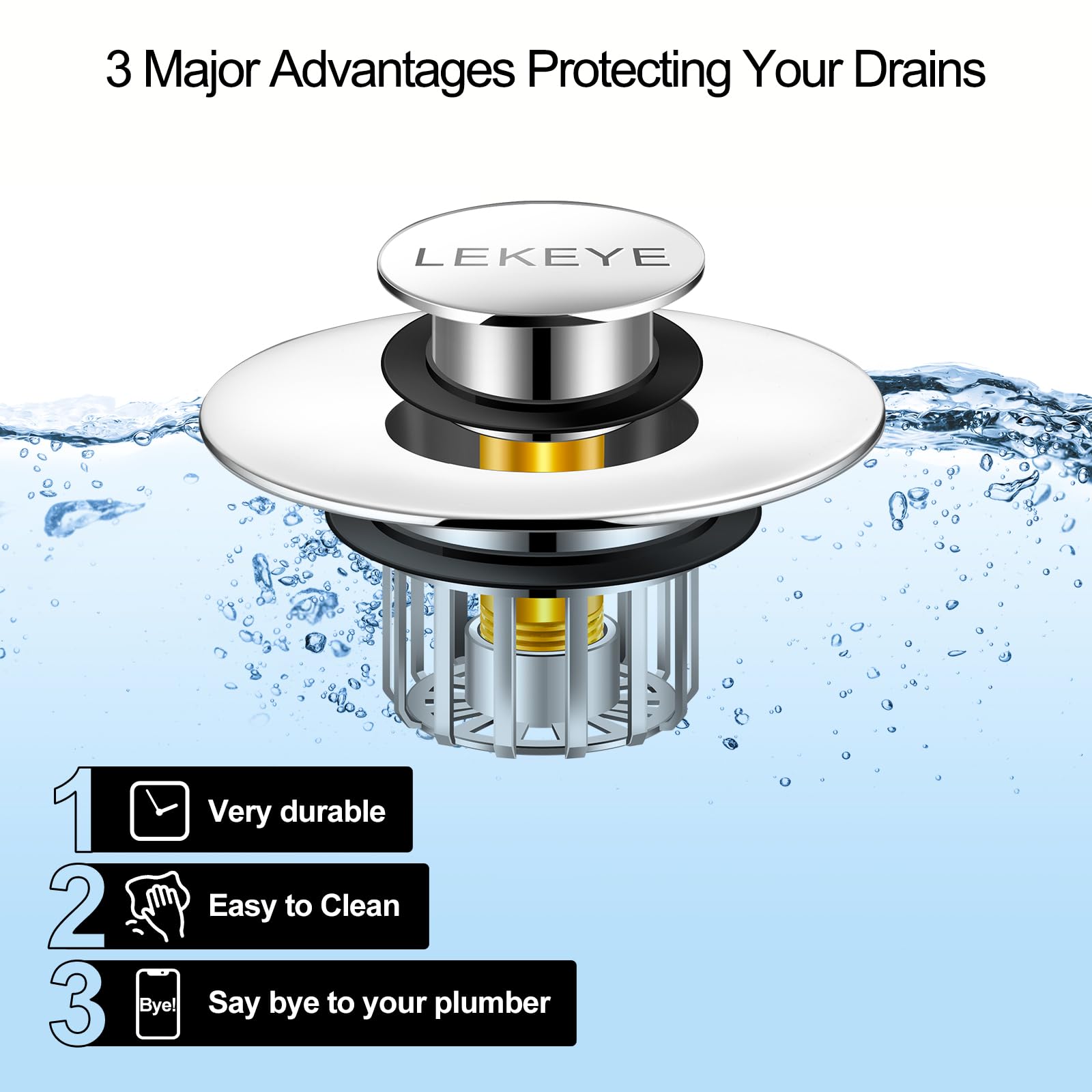 LEKEYE Tub Stopper | Shower Drain Hair Catcher | Pop-up Drain Stopper with Strainer | Bathroom Bathtub Plug | Drain Protector for 1-1/2 to 1-3/4" Bath Drain Hole