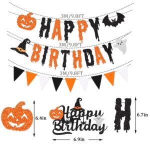 Glitter Halloween Birthday Banner Party Decorations Fall Pumpkin Happy Birthday Banner with Fall Halloween Birthday Cake Toppers for Hocus Pocus Halloween Fall Birthday Decorations Supplies