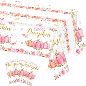 linhaxm 3 pack pink little pumpkin baby shower tablecloths - fall pumpkin floral plastic table cover for baby girl shower gender reveal decorations, 54 x 108 inch