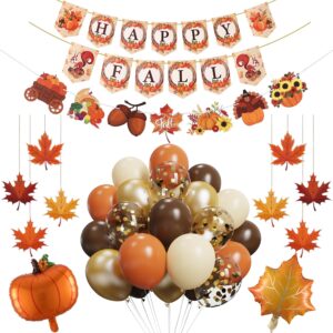 happy fall party decorations 58pcs burnt orange brown gold balloons, fall themed banner, maple leaves hanging garland for thanksgiving harvest autumn boho baby shower bridal shower party supplies