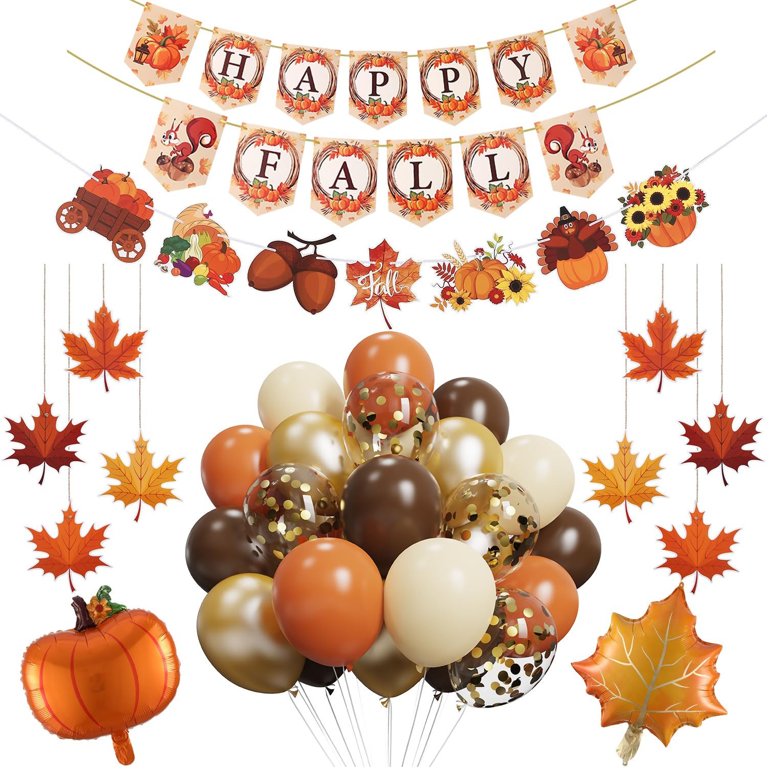 Happy Fall Party Decorations 58pcs Burnt Orange Brown Gold Balloons, Fall Themed Banner, Maple Leaves Hanging Garland for Thanksgiving Harvest Autumn Boho Baby Shower Bridal Shower Party Supplies