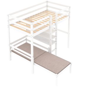 MERITLINE Twin Loft Bed with Desk and Bookshelf,Twin Bunk Bed Frame,Convertible Wooden Loft Bed Frame for Kids Teens Girls Boys, No Box Spring Needed,White