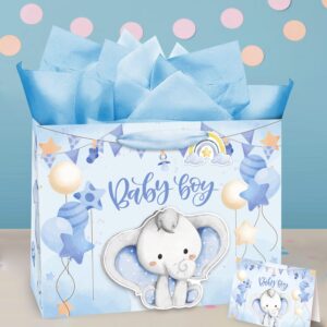 Mpanwen 16" Large Baby Boy Gift Bag for Boy, 3D Making Blue Elephant Theme Baby Gift Bag with Tissue Paper and Greeting Card