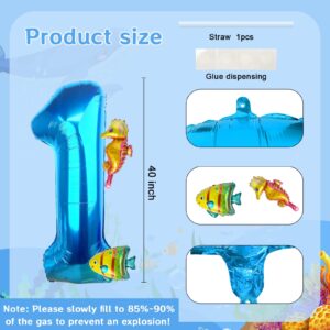 40 Inch Under the Sea Blue Number 1 Balloon, Mini Sea Animal Balloons Ocean Animal Foil Balloon, Seahorse Fish Balloons for Boys Girls Sea Theme 1st Birthday Baby Shower Party Decoration