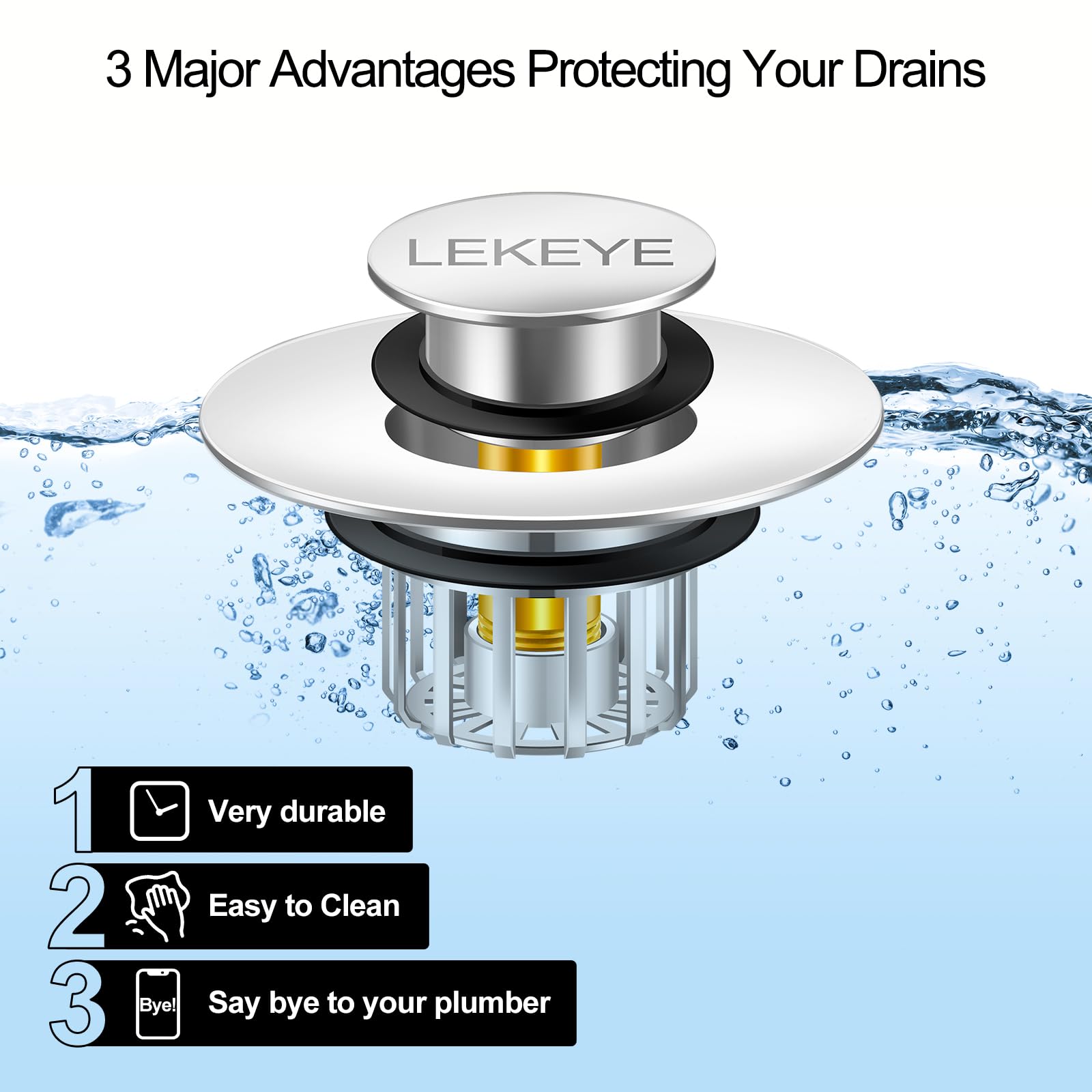 LEKEYE Tub Stopper | Shower Drain Hair Catcher | Pop-up Drain Stopper with Strainer | Bathroom Bathtub Plug | Drain Protector for 1-1/2 to 1-3/4" Bath Drain Hole - Pearl Chrome