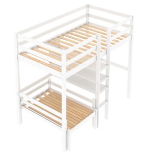 MERITLINE Twin Loft Bed with Desk and Bookshelf,Twin Bunk Bed Frame,Convertible Wooden Loft Bed Frame for Kids Teens Girls Boys, No Box Spring Needed,White