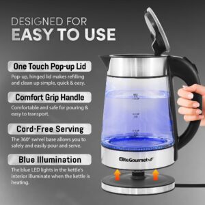 Elite Gourmet EKT602X Glass Electric Tea Kettle Hot Water Heater Boiler BPA-Free with Blue LED Interior, Fast Boil and Auto Shut-Off, Strix Controller, 1.7L, Stainless Steel