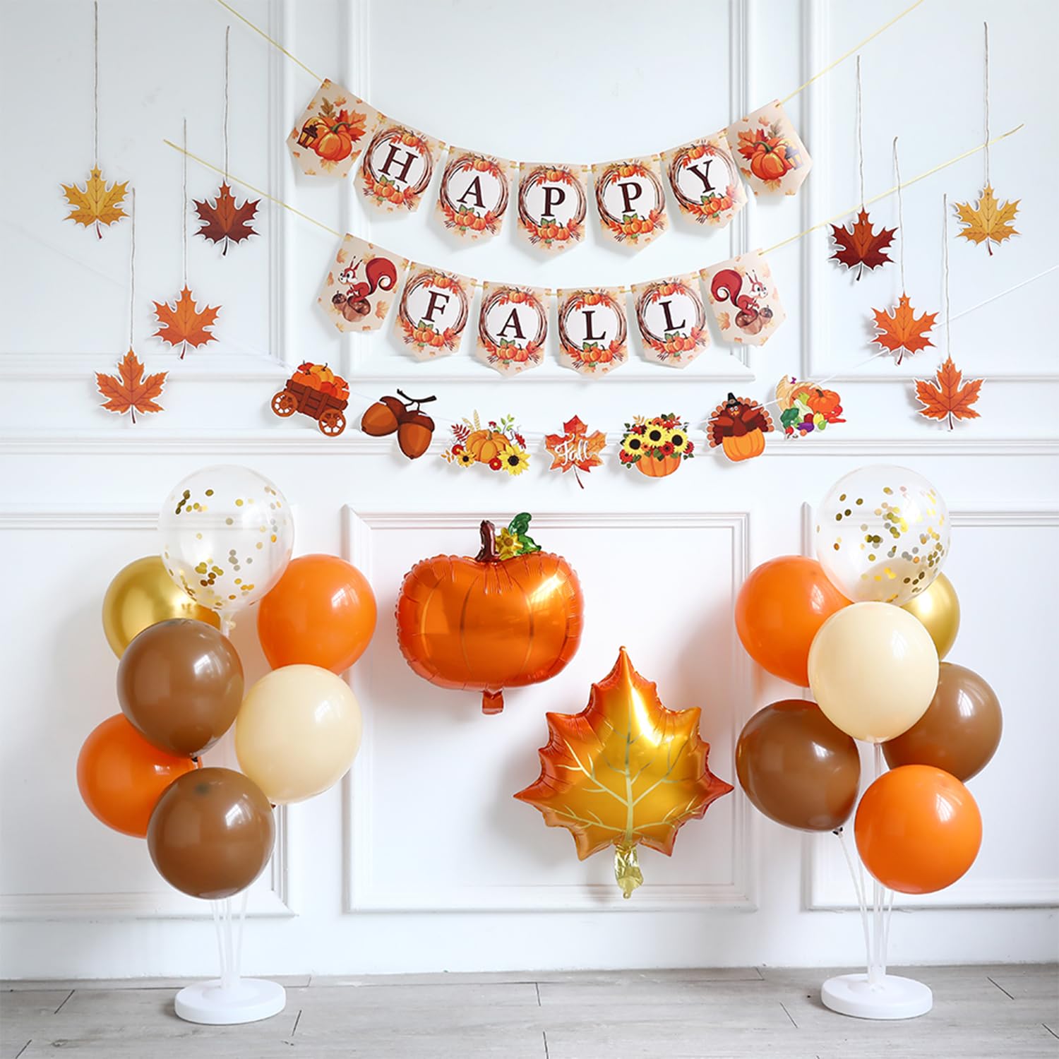 Happy Fall Party Decorations 58pcs Burnt Orange Brown Gold Balloons, Fall Themed Banner, Maple Leaves Hanging Garland for Thanksgiving Harvest Autumn Boho Baby Shower Bridal Shower Party Supplies