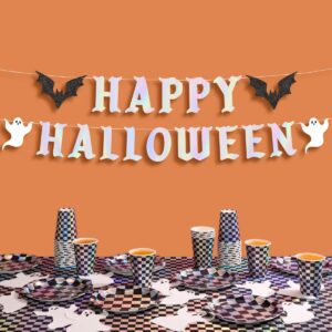 xo, fetti happy halloween iridescent foil banner - 5 ft. | spooky season decoration, haunted house party sign, ghost decor, bat backdrop